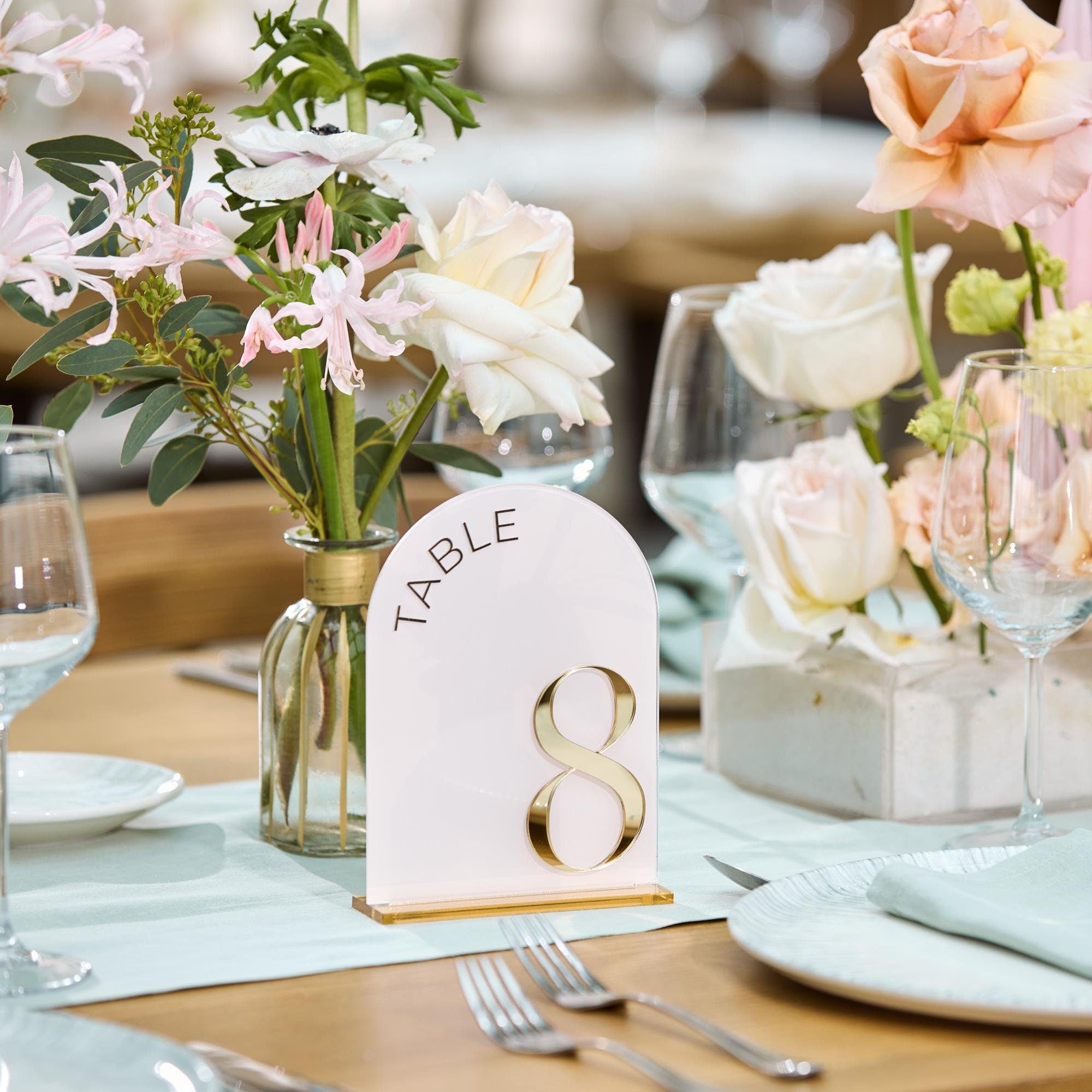 Pink Acrylic Arch Table Numbers - Gold Mirror | MoniquePaperArt