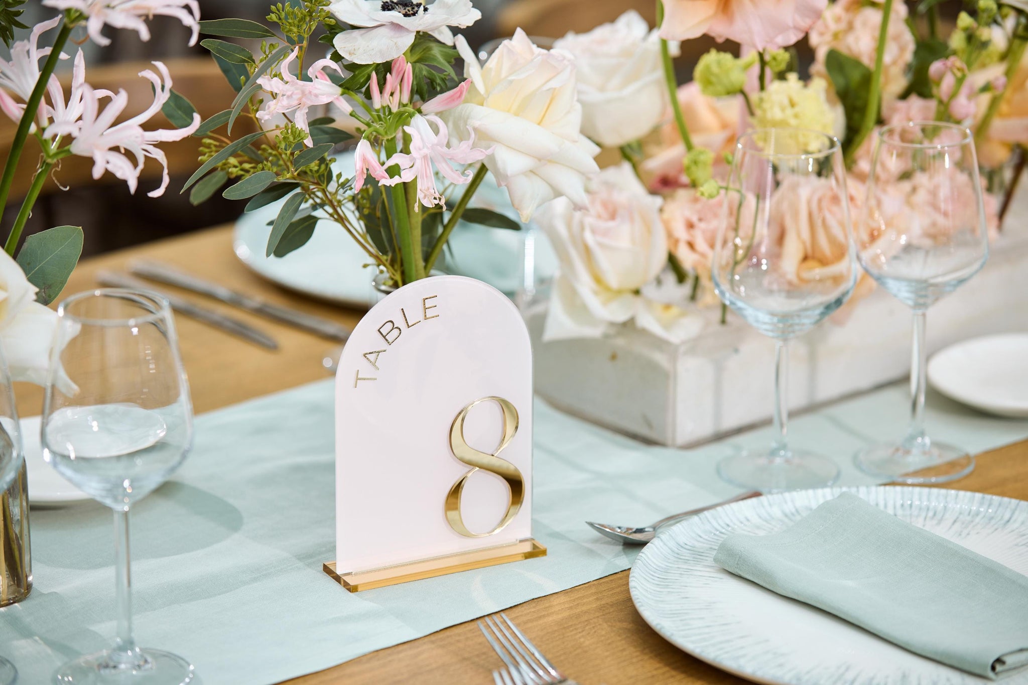 Pink Acrylic Arch Table Numbers - Gold Mirror | MoniquePaperArt
